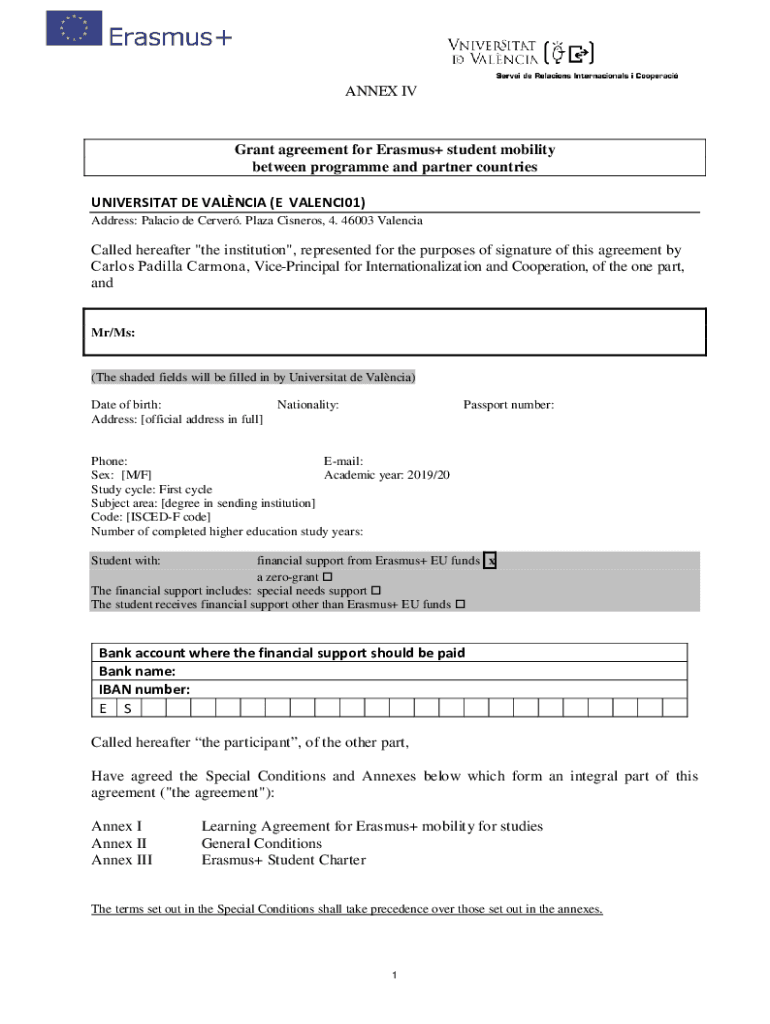 Fillable Online Grant agreement for Erasmus+ student mobility between ...