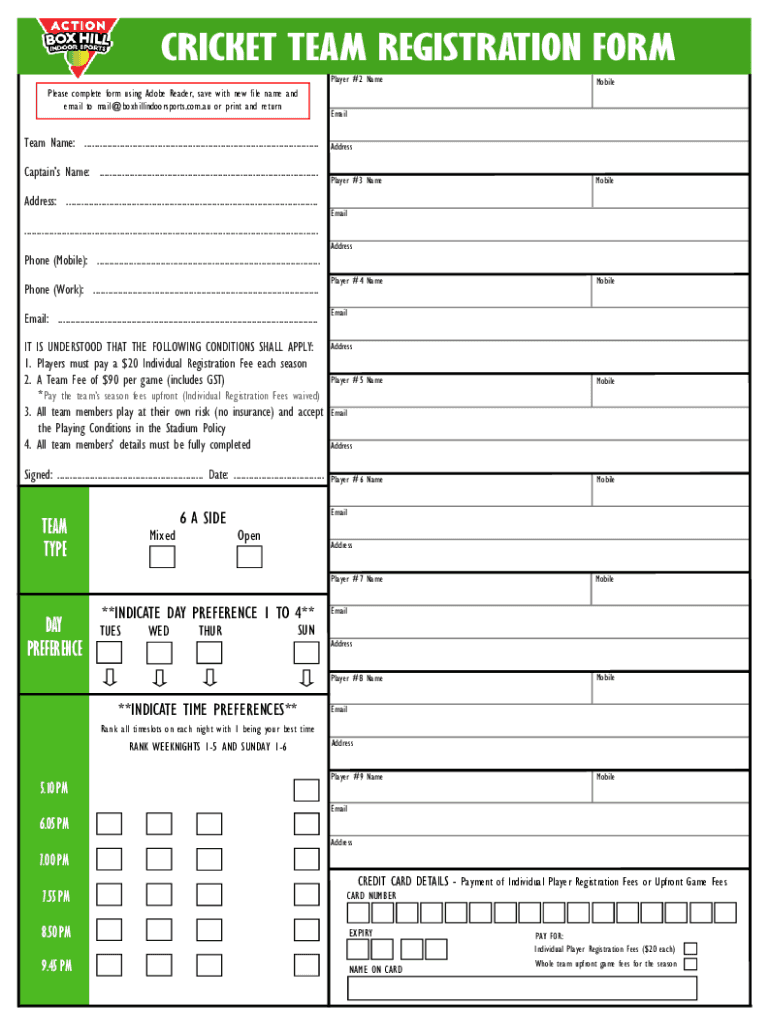 Fillable Online Cricket Team Registration Form 2021.pub Fax Email Print ...