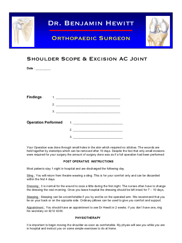 Fillable Online Arthroscopic AC joint excision Post Operative ...