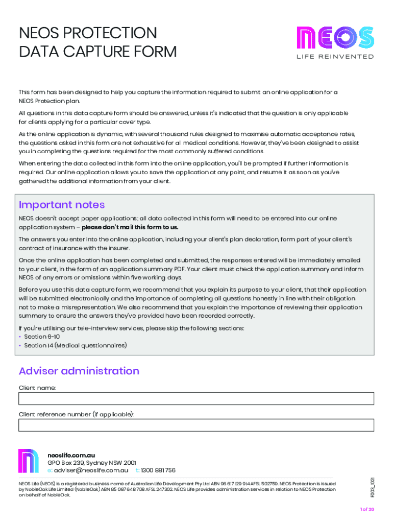 Fillable Online NEOS PROTECTION DATA CAPTURE FORM - neoslife.com.au Fax ...