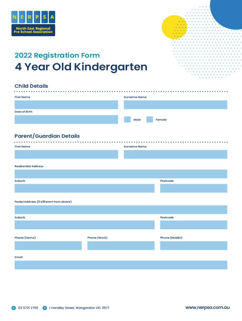 Fillable Online 2022 Registration Form 4 Year Old Kindergarten - NERPSA ...