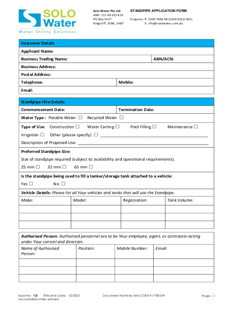 Fillable Online Solo Water Pty Ltd STANDPIPE APPLICATION FORM PO Box ... Fax Email Print - pdfFiller