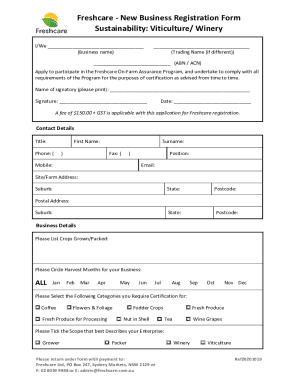 Fillable Online Freshcare - New Business Registration Form Fax Email ...
