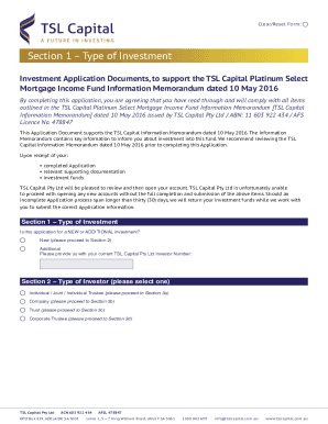Fillable Online INVESTMENT APPLICATION DOCUMENTS - TSL Capital Fax ...