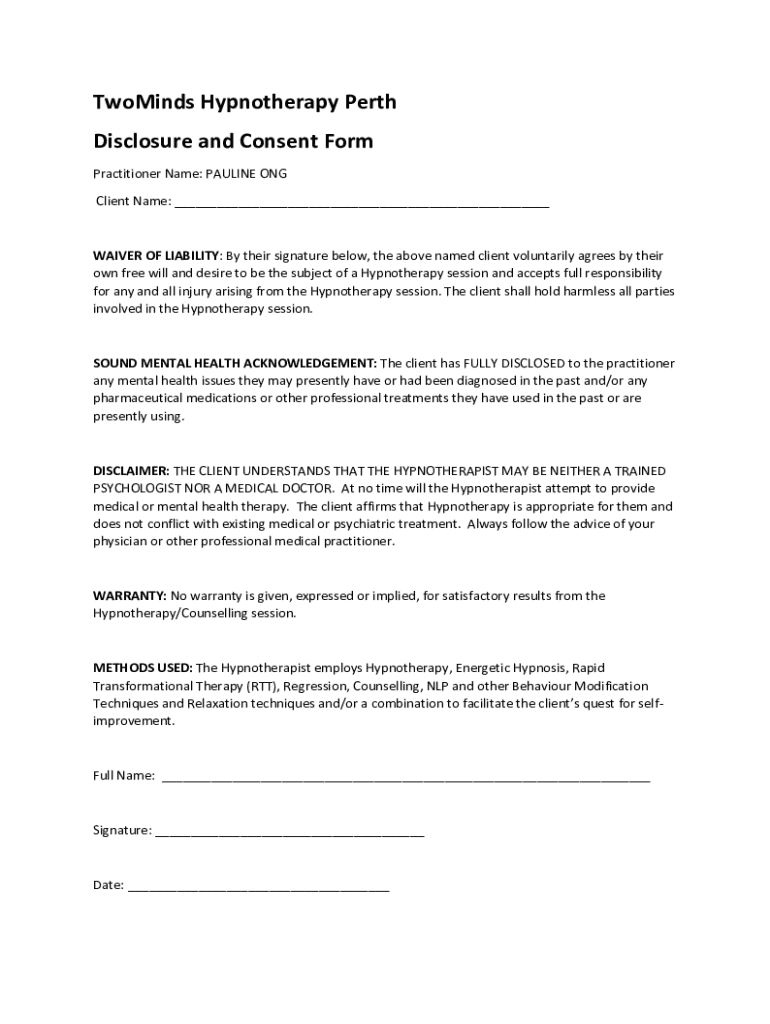 Fillable Online TwoMinds Hypnotherapy Perth Disclosure and Consent Form ...