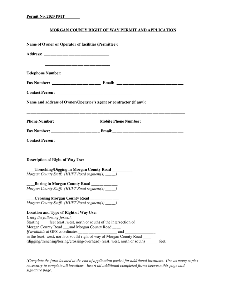 Fillable Online Permit No. 2020 PMT MORGAN COUNTY RIGHT OF WAY PERMIT ...