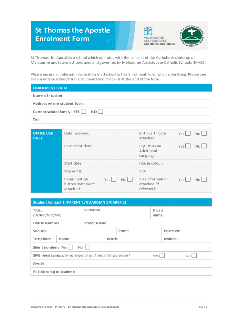 Fillable Online stgreensboroughnth catholic edu St Thomas the Apostle ...
