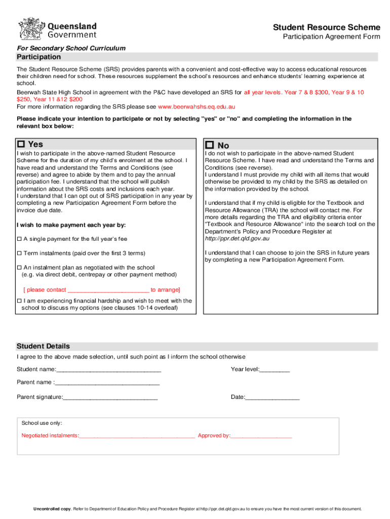 Fillable Online Yeppoon State High School STUDENT RESOURCE SCHEME YEAR ...