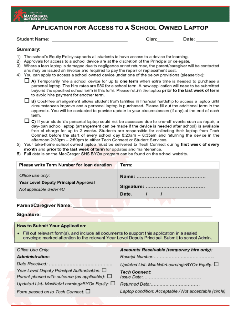 Fillable Online macgregorshs eq edu APPLICATION FOR ACCESS TO A SCHOOL ...