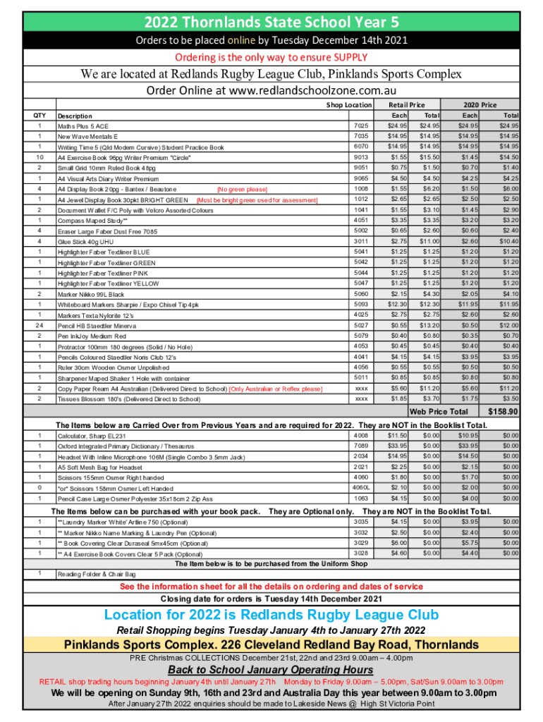 Fillable Online thornlandsss eq edu 2022 Thornlands State School Year ...