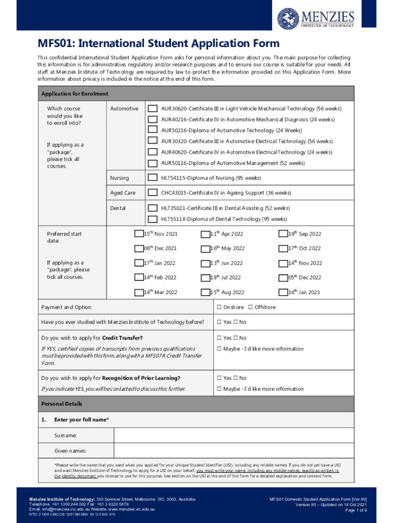 Fillable Online MFS01 International Student Application Form Ver 80 Fax ...