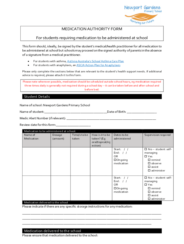 Fillable Online MEDICATION AUTHORITY FORM For students requiring ...