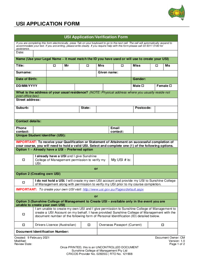 Fillable Online USI Application Form - actt.edu.au Fax Email Print ...