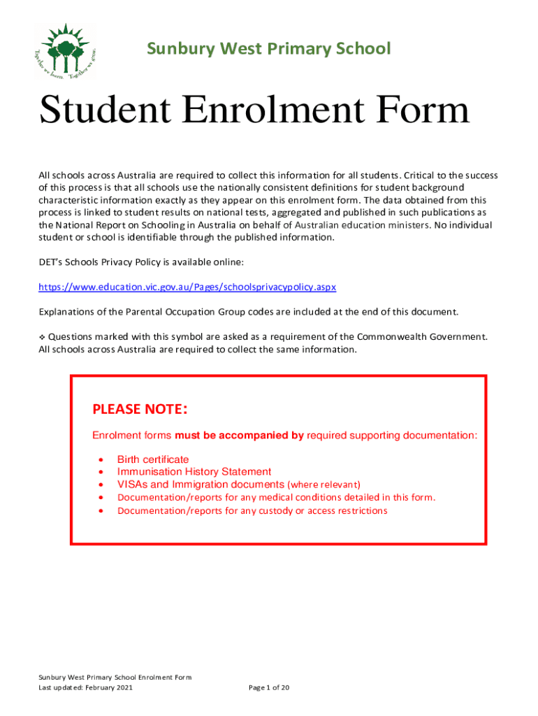 Fillable Online Student Enrolment Form - Sunbury West Primary School ...