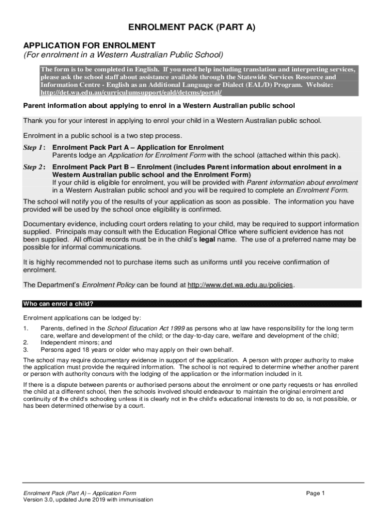 Fillable Online ENROLMENT PACK (PART A) APPLICATION FOR ENROLMENT Parent ... Fax Email Print ...