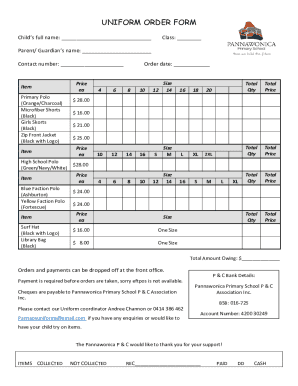 Fillable Online UNIFORM ORDER FORM - Pannawonica Primary School Fax ...