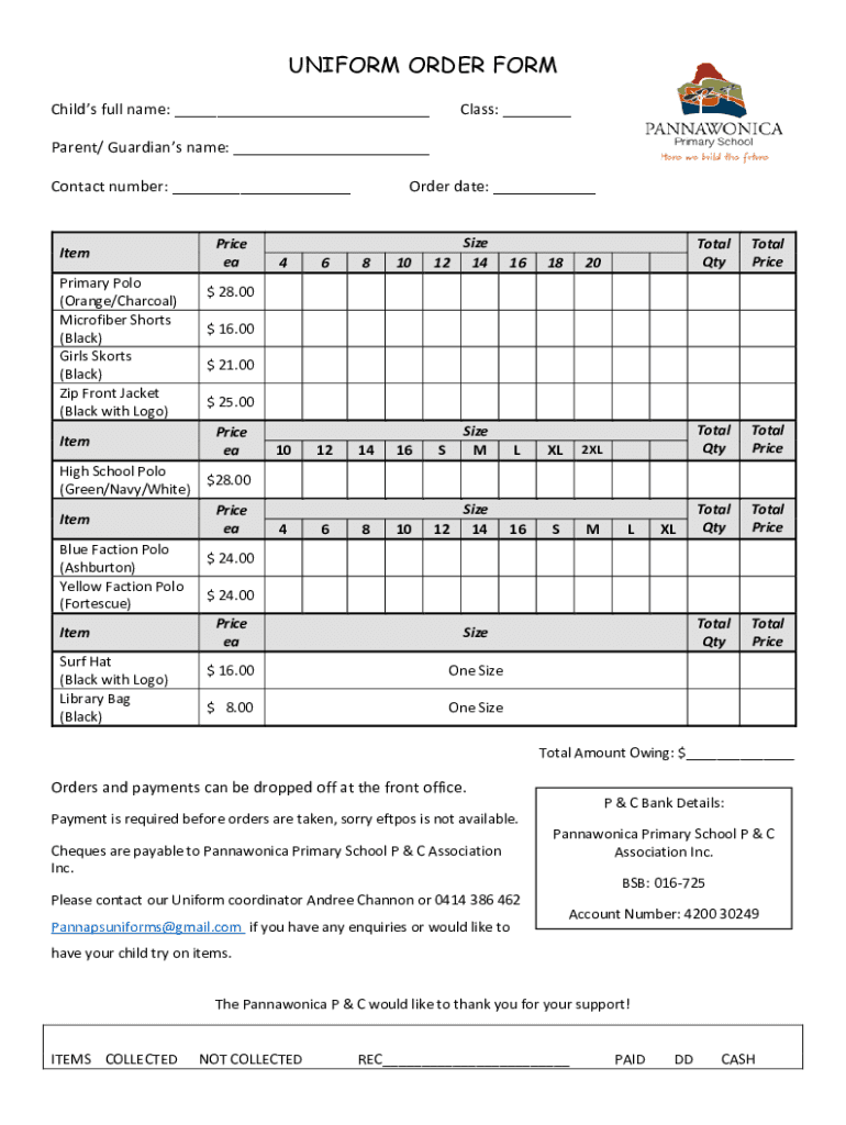 Fillable Online UNIFORM ORDER FORM - Pannawonica Primary School Fax ...