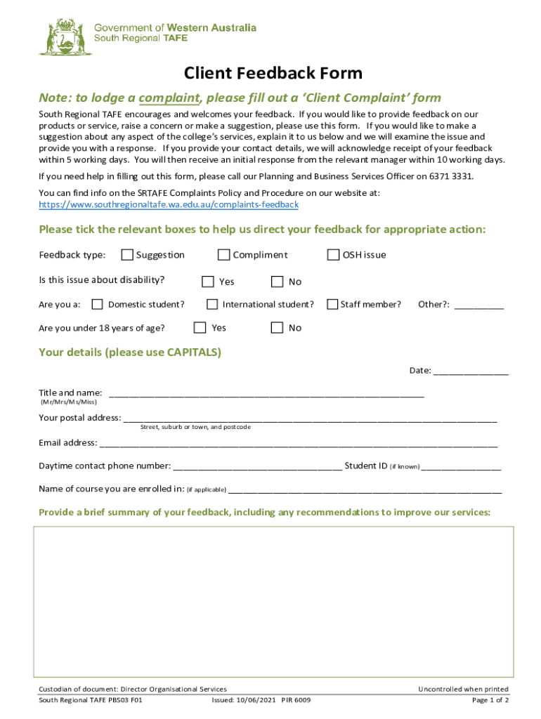 Fillable Online Form: Client Feedback - South Regional TAFE Fax Email ...