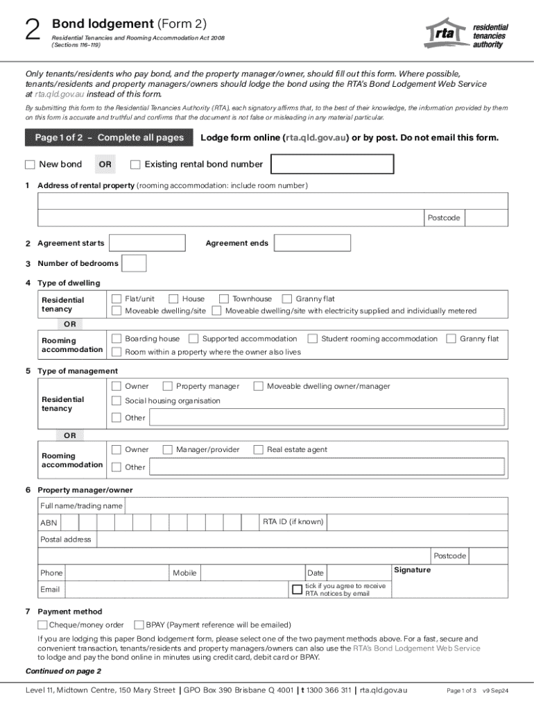 2024 AU Residential Tenancies Authority Bond Lodgement (Form 2) Fill ...