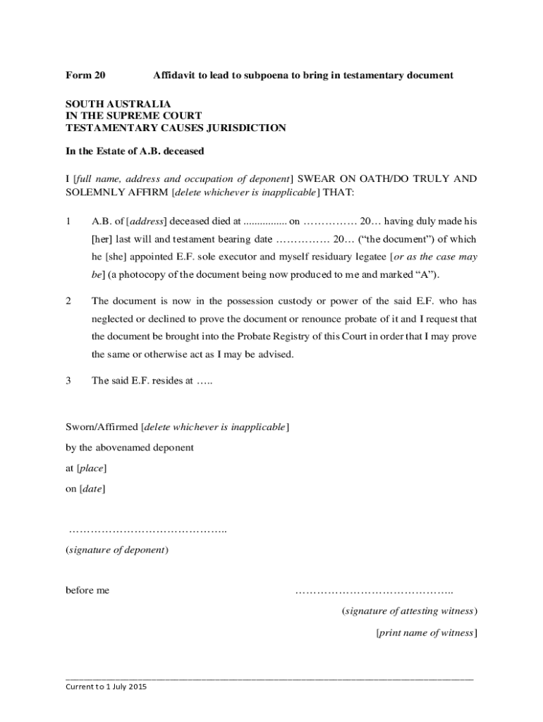 Fillable Online Form 20 - Affidavit to lead to subpoena to bring in ...