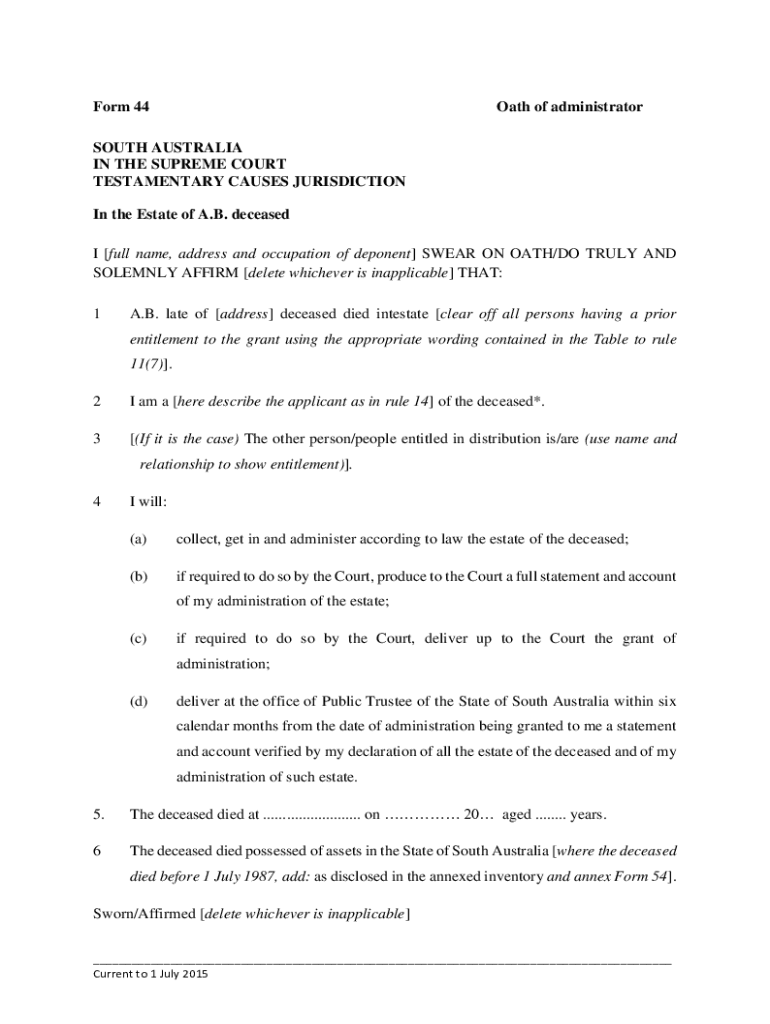 Fillable Online 2.docx - Form 44 Oath of administrator SOUTH AUSTRALIA ...