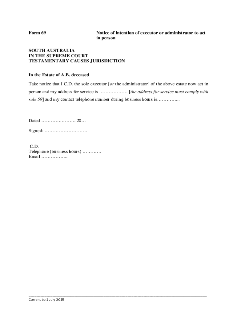 Fillable Online Form 69 - Notice of intention of executor or ...
