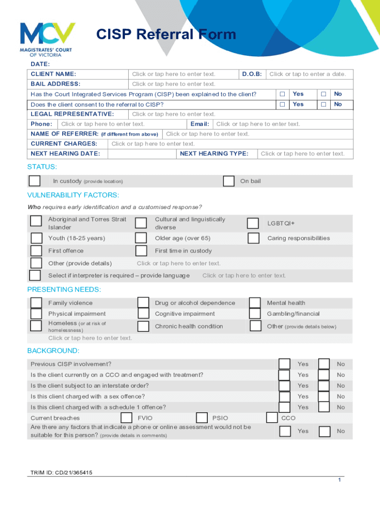 Fillable Online www.mcv.vic.gov.ausitesdefaultCISP Referral Form ...