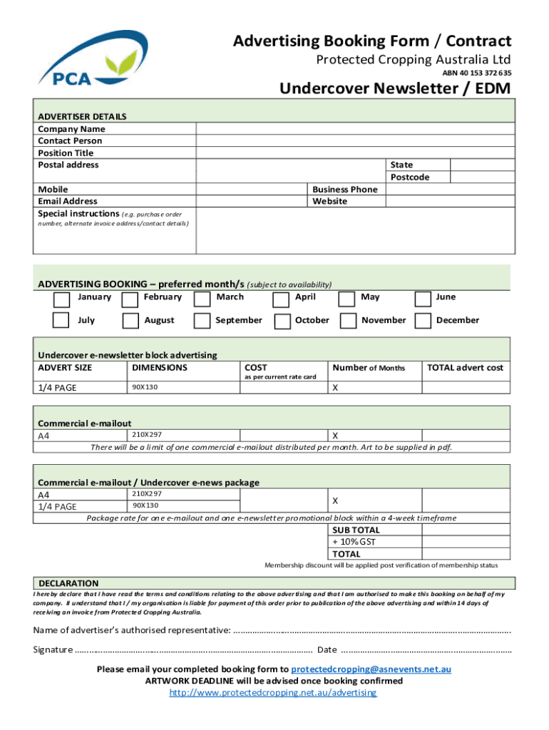 Fillable Online e-promotional Advertising Booking Form Fax Email Print ...