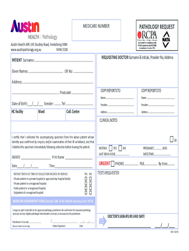 Fillable Online Austin Pathology in Austin Hospital 145 Studley Road ...