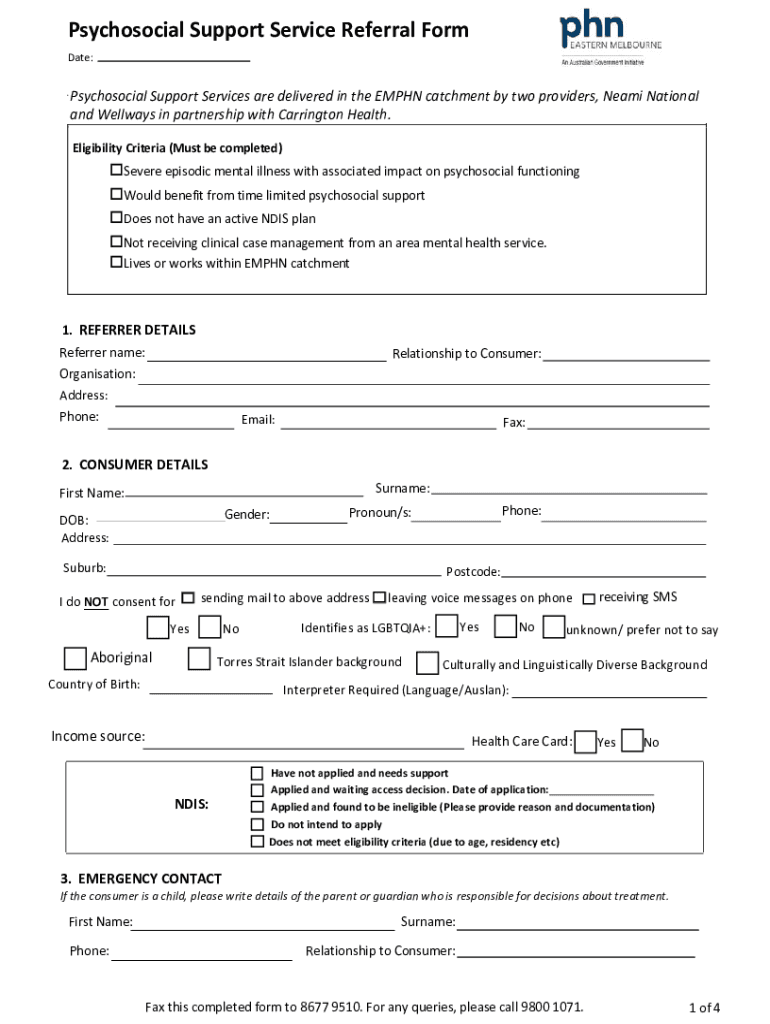 Fillable Online Psychosocial Support Service Referral Form - emphn.org.au Fax Email Print ...