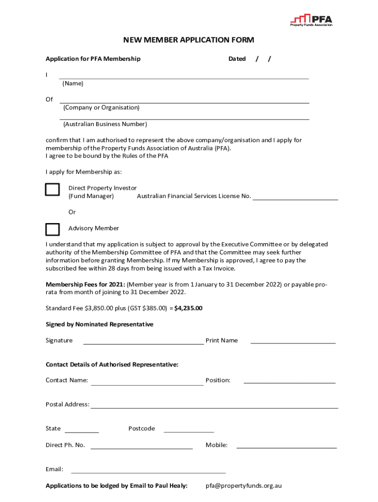 Fillable Online NEW MEMBER APPLICATION FORM - PFA Fax Email Print ...