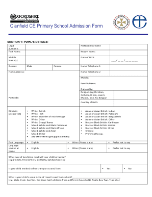 Fillable Online PUPIL ADMISSION FORM: - Hailey CE Primary School Fax ...