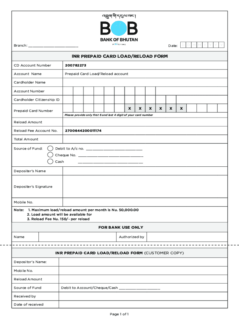 Fillable Online www.bob.bt wp-content uploadsINR PREPAID CARD ...