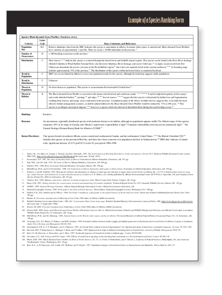 Fillable Online Example of a Species Ranking Form. General Status ...
