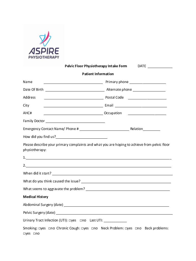 Fillable Online Patient Intake Forms - Pelvic Health Physical Therapy ...