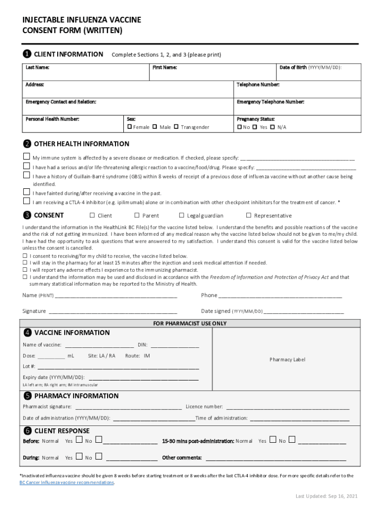 Fillable Online Fillable Online INJECTABLE INFLUENZA VACCINE CONSENT ...