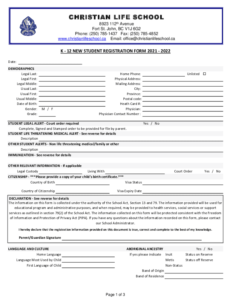 Fillable Online Christian Life School, 8923 112 Avenue, Fort Saint John ... Fax Email Print ...