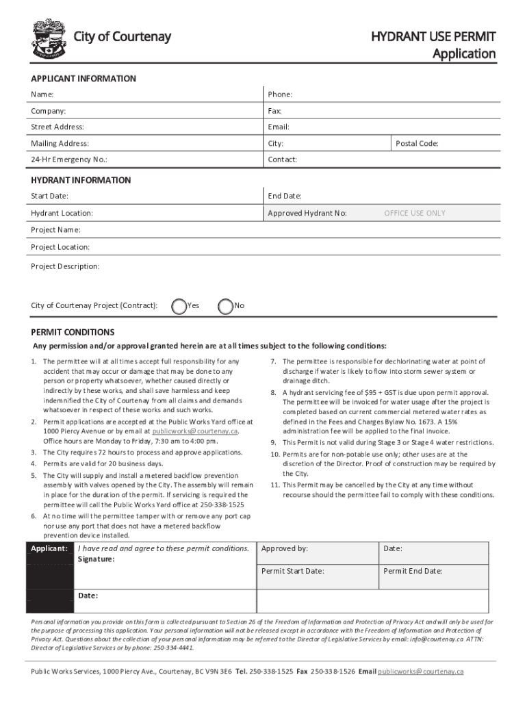 Fillable Online Form: Application for Use of a Fire Hydrant A garden ...