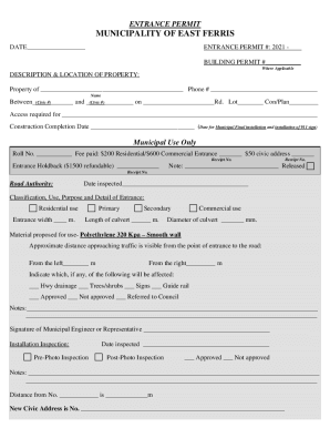 Fillable Online ENTRANCE PERMIT MUNICIPALITY OF EAST FERRIS Fax Email ...