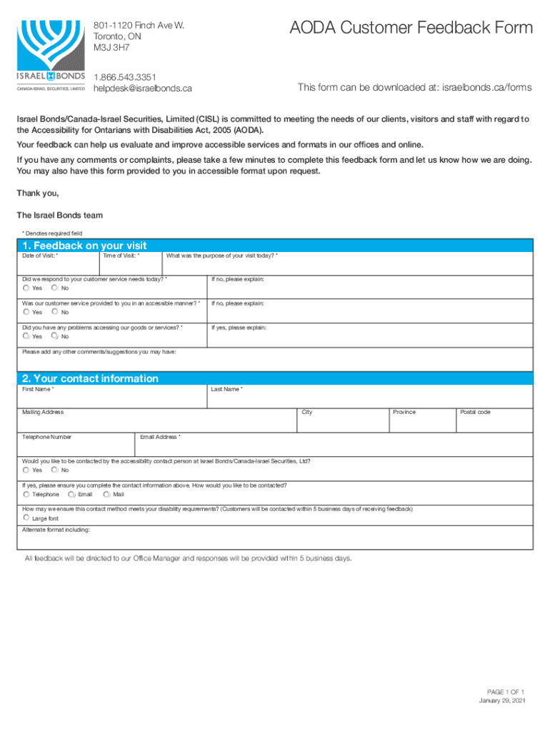Fillable Online www.israelbonds.capdfCISLAODACustomerFeedbackCISL AODA ...