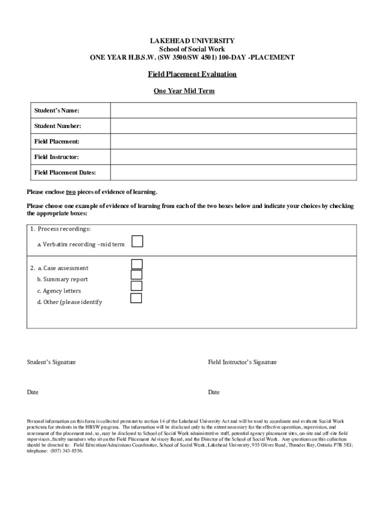 Fillable Online One Year HBSW Mid-Term Field Placement Evaluation Form (revised for website ...