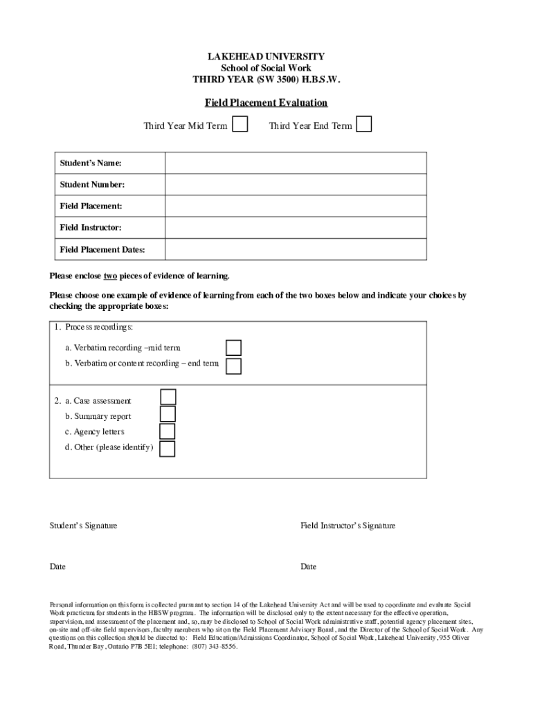 Fillable Online LAKEHEAD UNIVERSITY School of Social Work THIRD YEAR (SW ... Fax Email Print ...