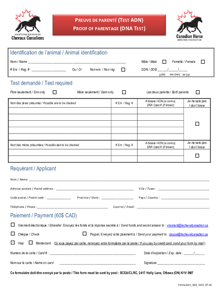 Fillable Online PREUVE DE PARENT (TEST ADN) PROOF OF PARENTAGE (DNA ...