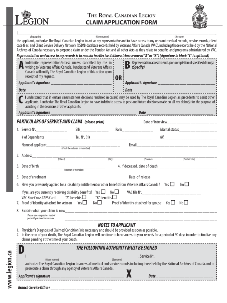 Fillable Online T R C l CLAIM APPLICATION FORM - Royal Canadian Legion ...