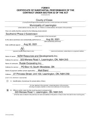 Fillable Online FORM 9Certificate of Substantial Performance of the ...