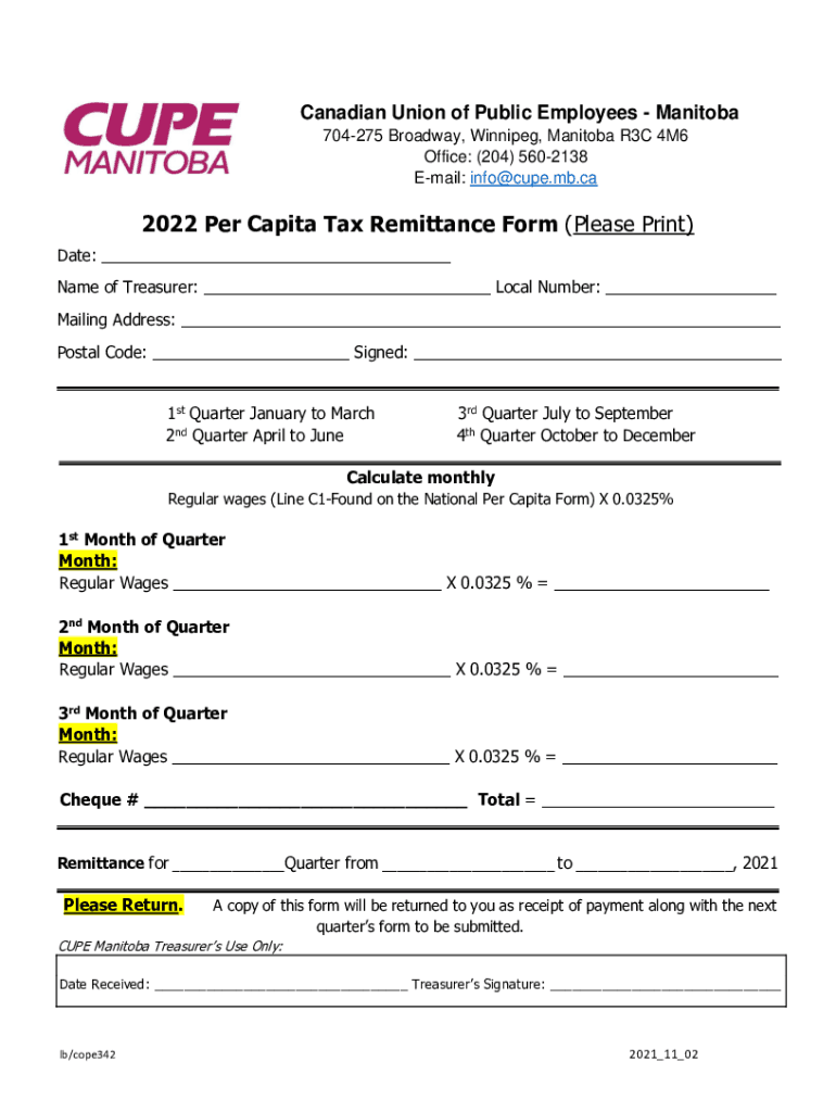 Fillable Online cupe mb www.pdffiller.com274736913-PerCapitaTaxFillable ...