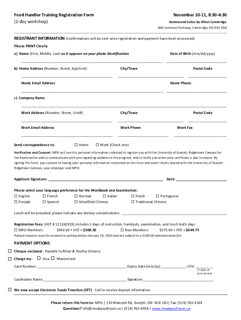 Fillable Online Food Handler Training Registration Form ...