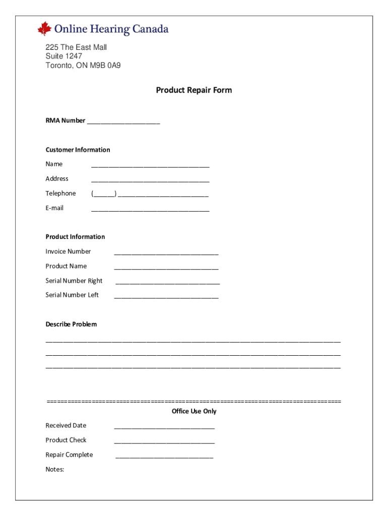 Fillable Online Product Repair Form - onlinehearing.ca Fax Email Print ...
