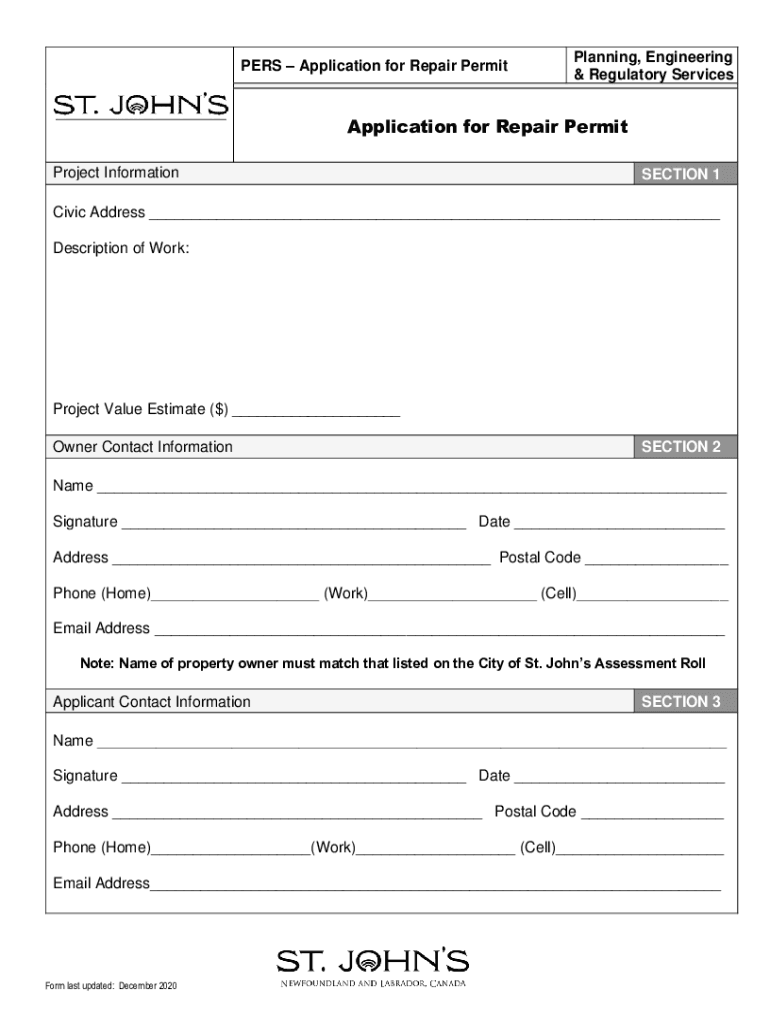 Fillable Online Application for Repair Permit. Application for Repair ...