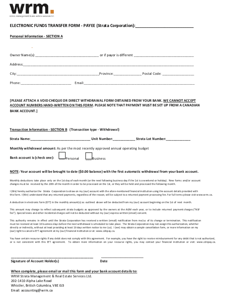 Fillable Online Get the free ELECTRONIC FUNDS TRANSFER FORM PAYEE (Strata ... Fax Email Print ...